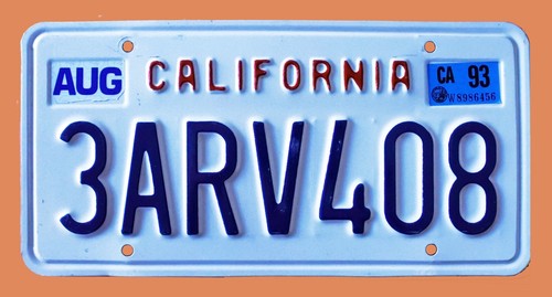 1993 CALIFORNIA EXC CONDITION PASSENGER AUTO LICENSE PLATE " 3 ARV 408 ...