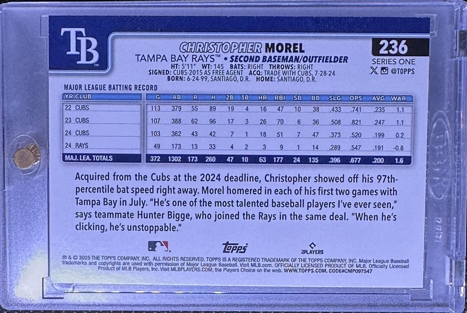 Christopher Morel HOLO FOIL SP 2025 Topps Series 1 #236 Tampa Bay Rays ...