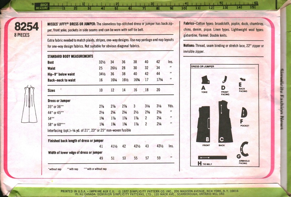 8254 Vintage Simplicity Sewing Pattern Misses Jiffy Dress Jumper Casual ...