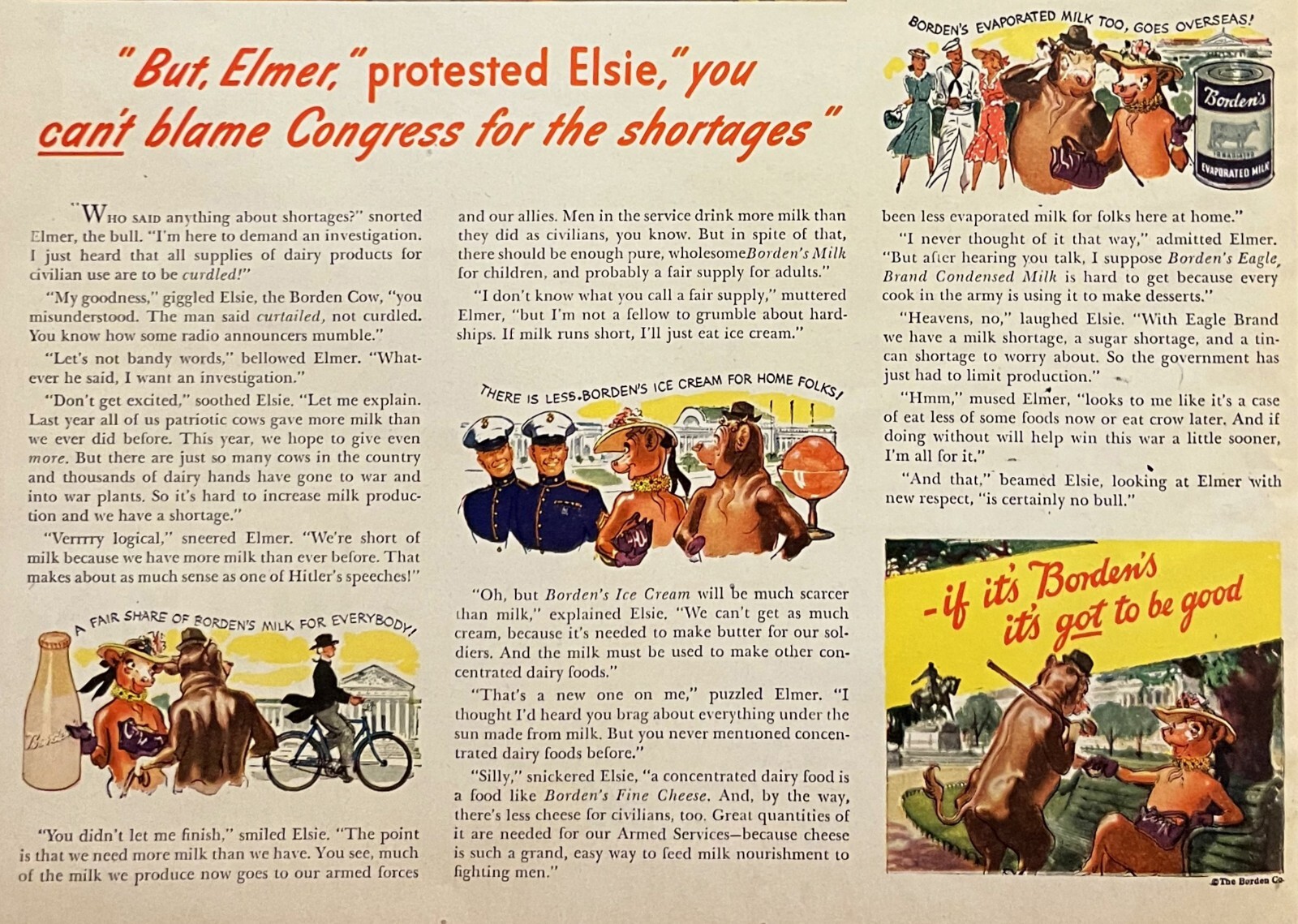 1943 Vtg Print Ad Elsie the Borden Milk Cow Elmer at Congress WWII ...