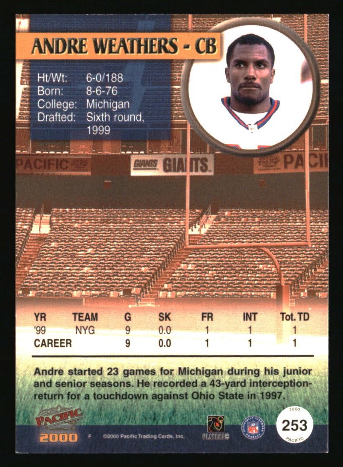 Andre Weathers 2000 Pacific #253 FOOTBALL Card | eBay