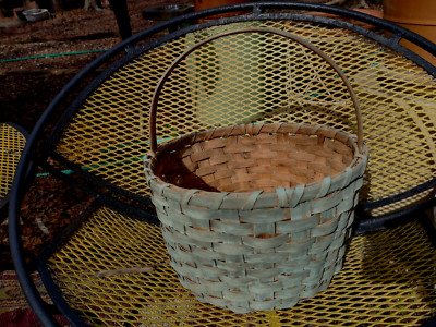 Antique Painted Basket, Cornflower Blue Vintage Splint Oak Wood Handle ...