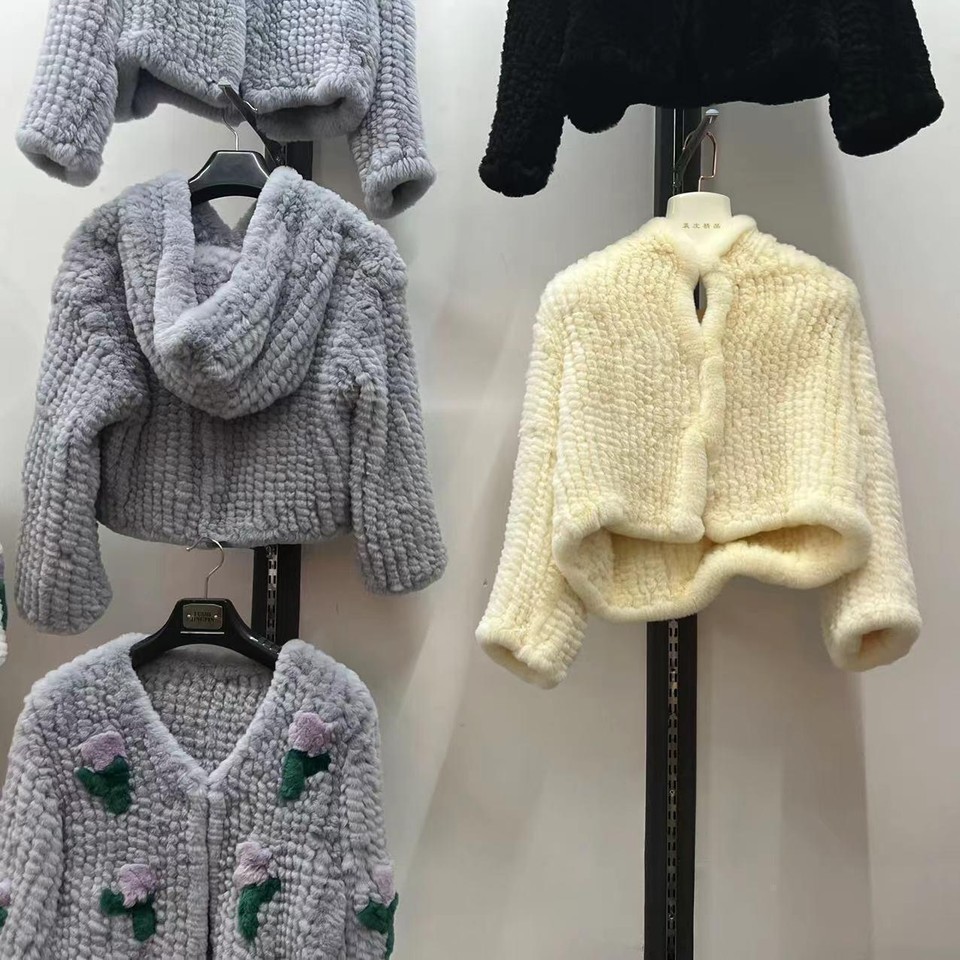 Rex Rabbit Wool Cardigan Woven Coat Women's Hooded Fur Double sided ...