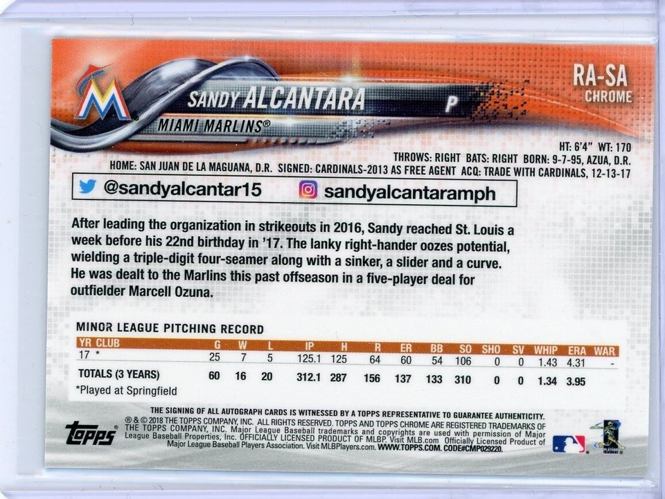 2018 Topps Chrome Baseball Rookie Autograph #RA-SA Sandy Alcantara | eBay
