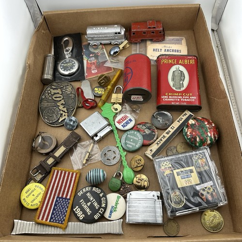 Estate Sale Junk Drawer Lot, Pins, Tobacco Tin, Cards, Tokens, Jewelry ...