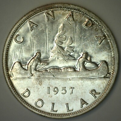 1957 Canada Silver Dollar Coin Voyageur Canoe Uncirculated Canadian BU ...