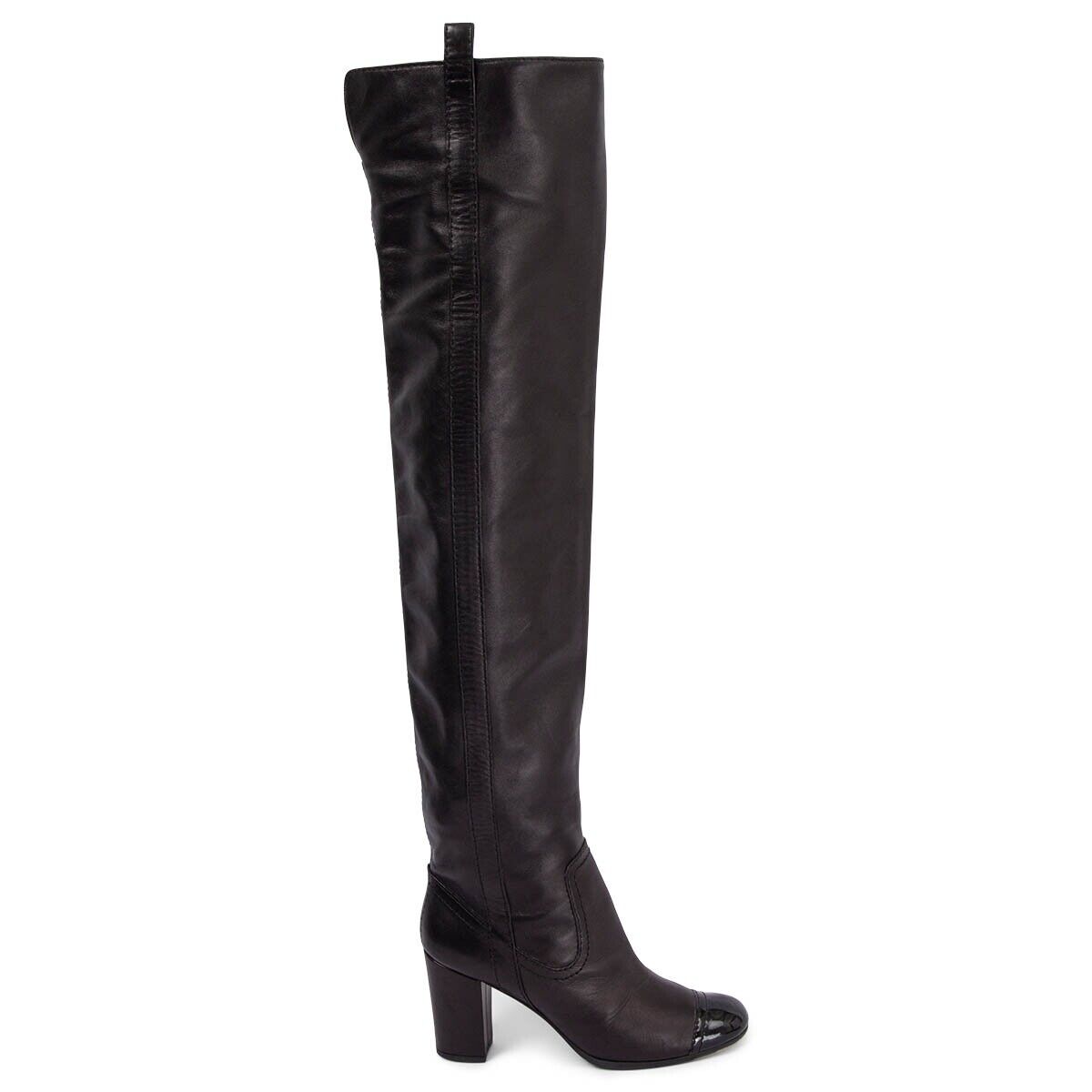67254 auth CHANEL black leather OVER KNEE BLOCK HEEL Boots 67254 auth CHANEL black leather OVER KNEE BLOCK HEEL Boots