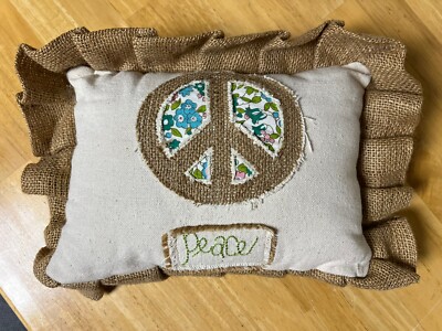 PEACE Peace Sign Decorative Pillow Burlap Trim Trisha Maggard Glory ...