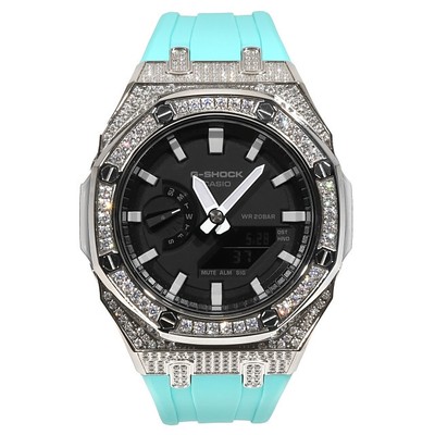 G-SHOCK GA2100 Silver Metal Custom Turquoise Casioak CZ Cubic Zirconia ...