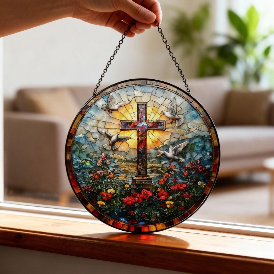 Christian cross stained glass suncatcher with dove and floral faith ...