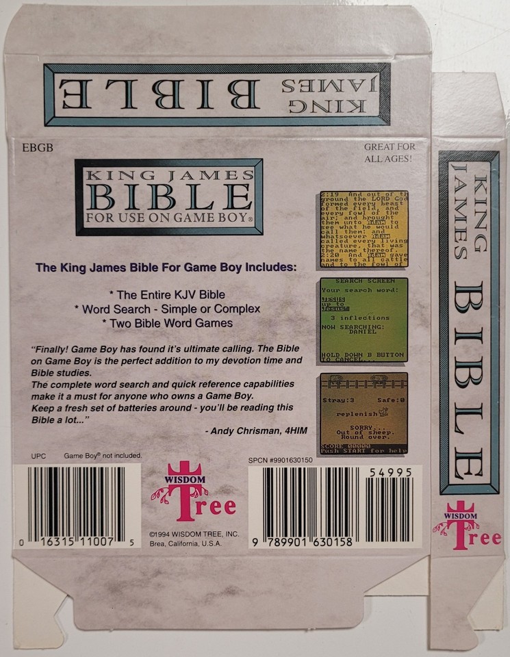 NES/Game Boy King James, Bible Buffet Wisdom Tree Boxes, Manuals,Labels ...