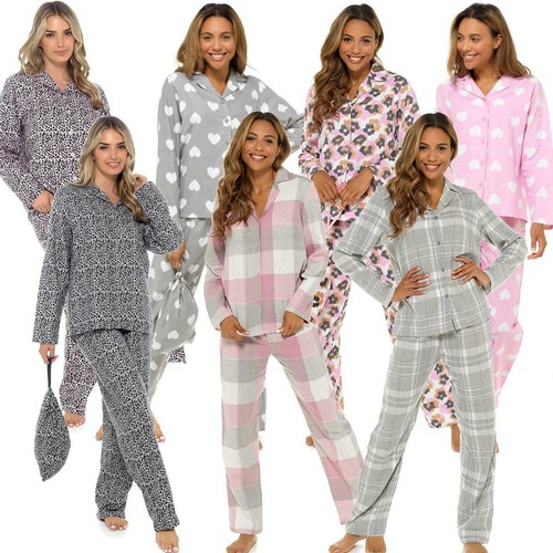 Womens/Ladies Button Through 100% Brushed Cotton Pyjamas PJs Size 8-22 ...