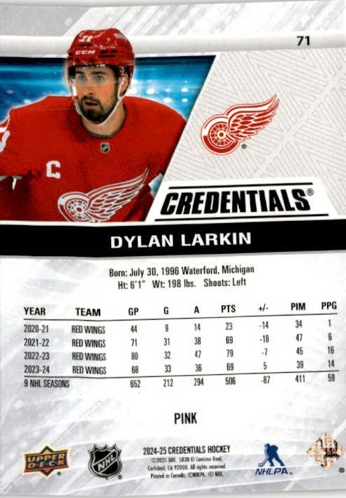 Dylan Larkin Detroit Red Wings 2024-25 Upper Deck Credentials PINK #/99 ...