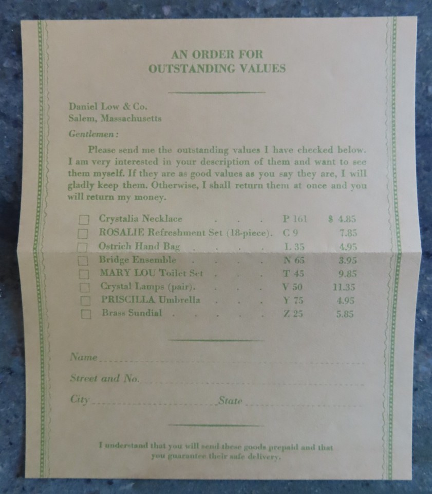 1920s Daniel Low & Co. Salem MA Mail Order Brochure w/ Order Form ...
