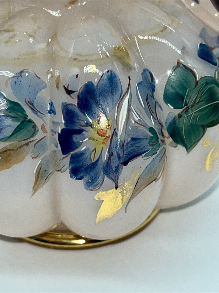 Vtg Fenton Pink Opaline Melon Pitcher Vase Hand Painted Blue Florals ...