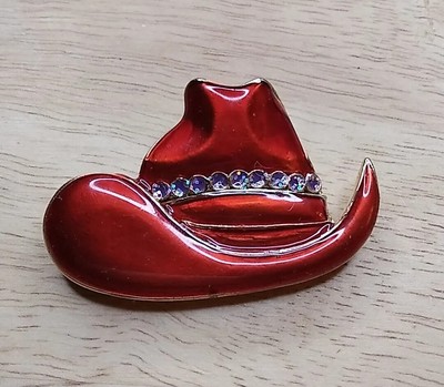 Red Cowgirl Hat Brooch Pin Rhinestone Trim Cowboy Western Rodeo Enamel ...