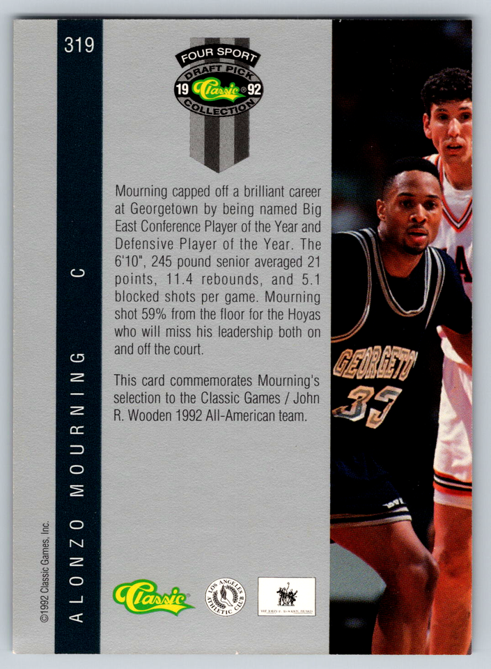 1992 Classic Draft #319 Alonzo Mourning Georgetown Hoyas Basketball ...