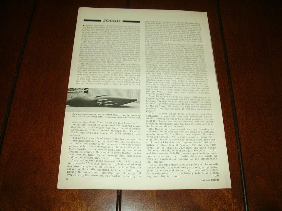JOCKO ROBERT JOHNSON STREAMLINER RACE CAR ORIGINAL 1961 ARTICLE | eBay