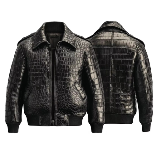 Men's Black Real Leather Crocodile Embossed Jacket Alligator Print ...