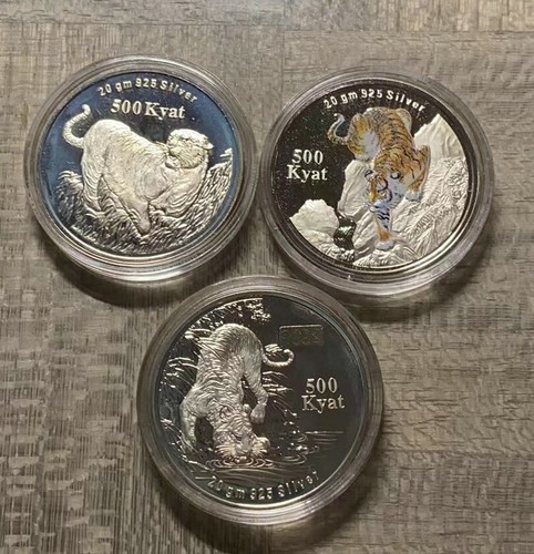 Myanmar 500 Kyat 1998 Year of Tiger 3 Silver Coins set Proof with box ...