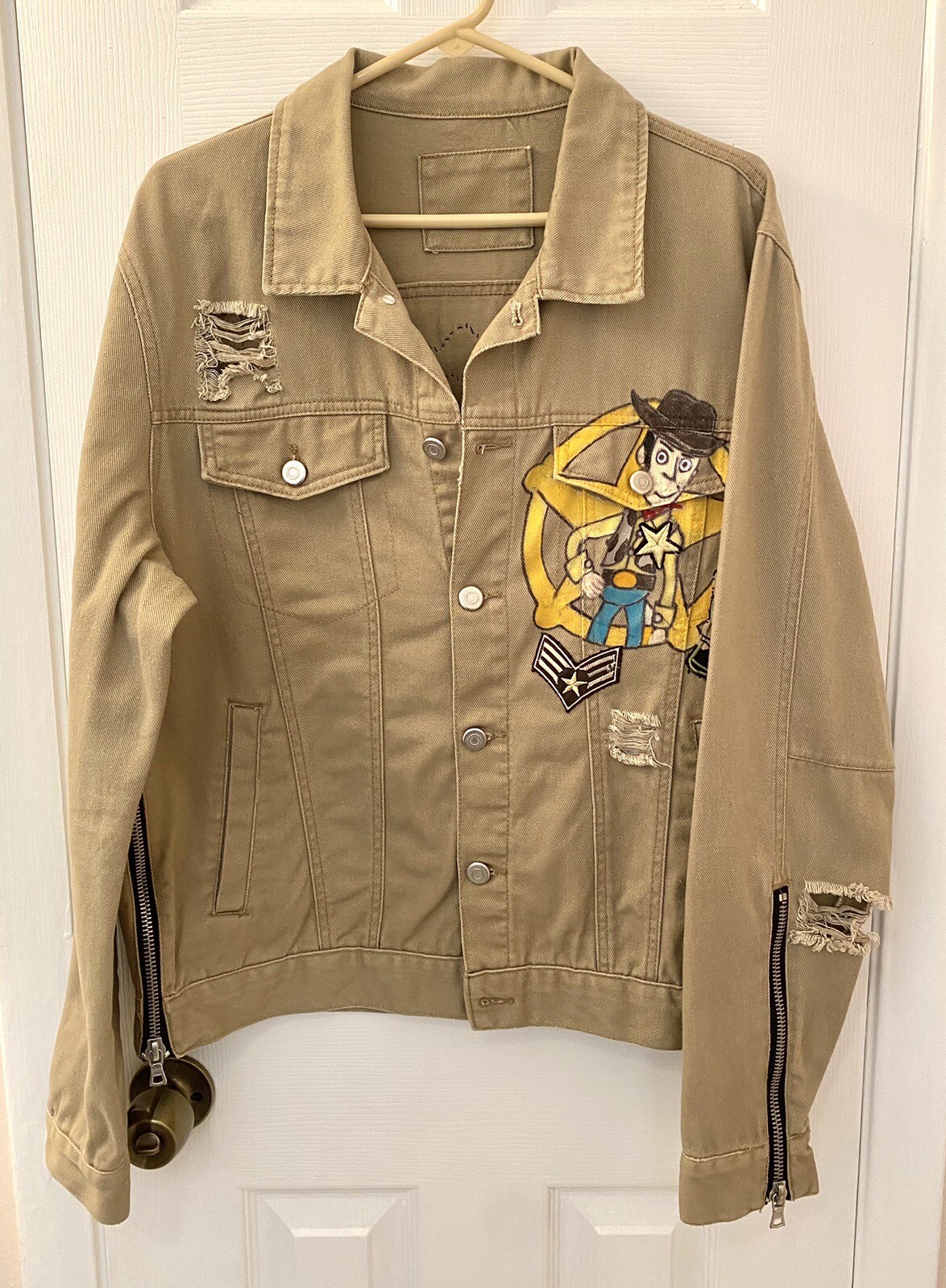 Hand Painted Toy Story BUZZ/WOODY Tan Jacket L Embro… - Gem