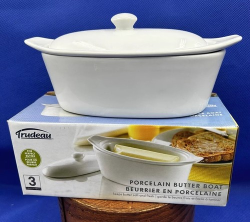 Trudeau Porcelain Butter Boat Heavy Duty White Butter Crock 3 Piece ...