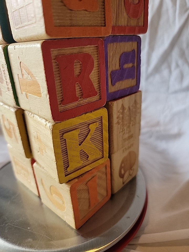 28 1" Wood Alphabet Building Blocks Letters Pictures Animals Kids Toys ...