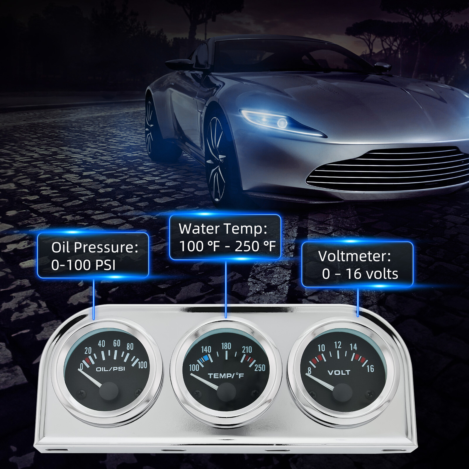 52mm Chrome Car Triple Gauge Set Volt Water Meter Temp Oil Pressure 3 ...