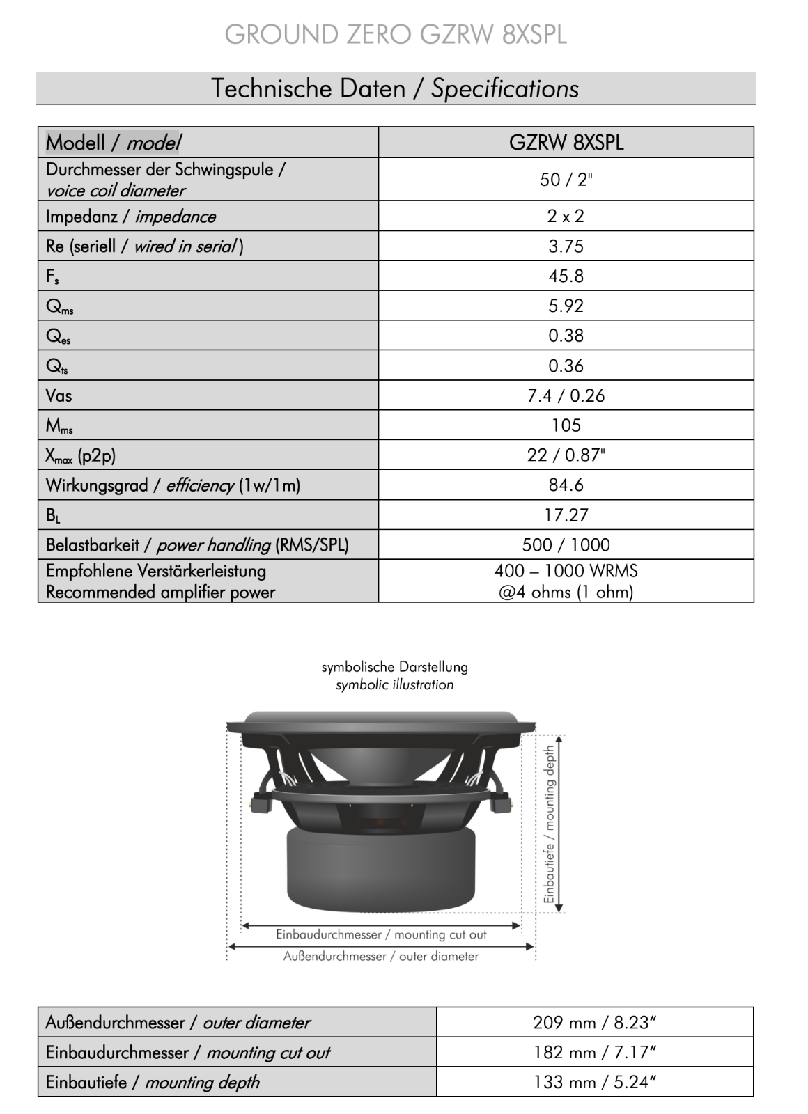 GROUND ZERO 1000 WATTS 8 INCH SPL SUBWOOFER CAR BASS AUDIO GERMAN ...