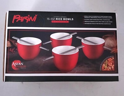 Parini Set Of (4) 15oz Red Ceramic Rice Bowls w/ 8 Stainless Steel ...