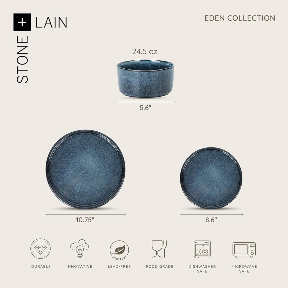 Eden 12-Piece Dark Blue Dinnerware Set for 4, Stoneware, Microwave ...