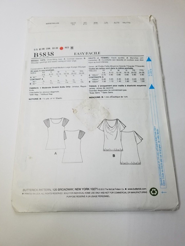 Butterick 5838, Misses' Tops, Size XSM_XXL, Uncut | eBay