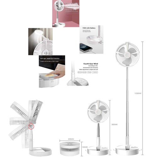 Portable desktop Fan with Round light, Height Adjustable Folding Floor ...