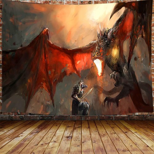 Fire Dragon Extra Large Tapestry Wall Hanging Medieval Knight Fabric ...
