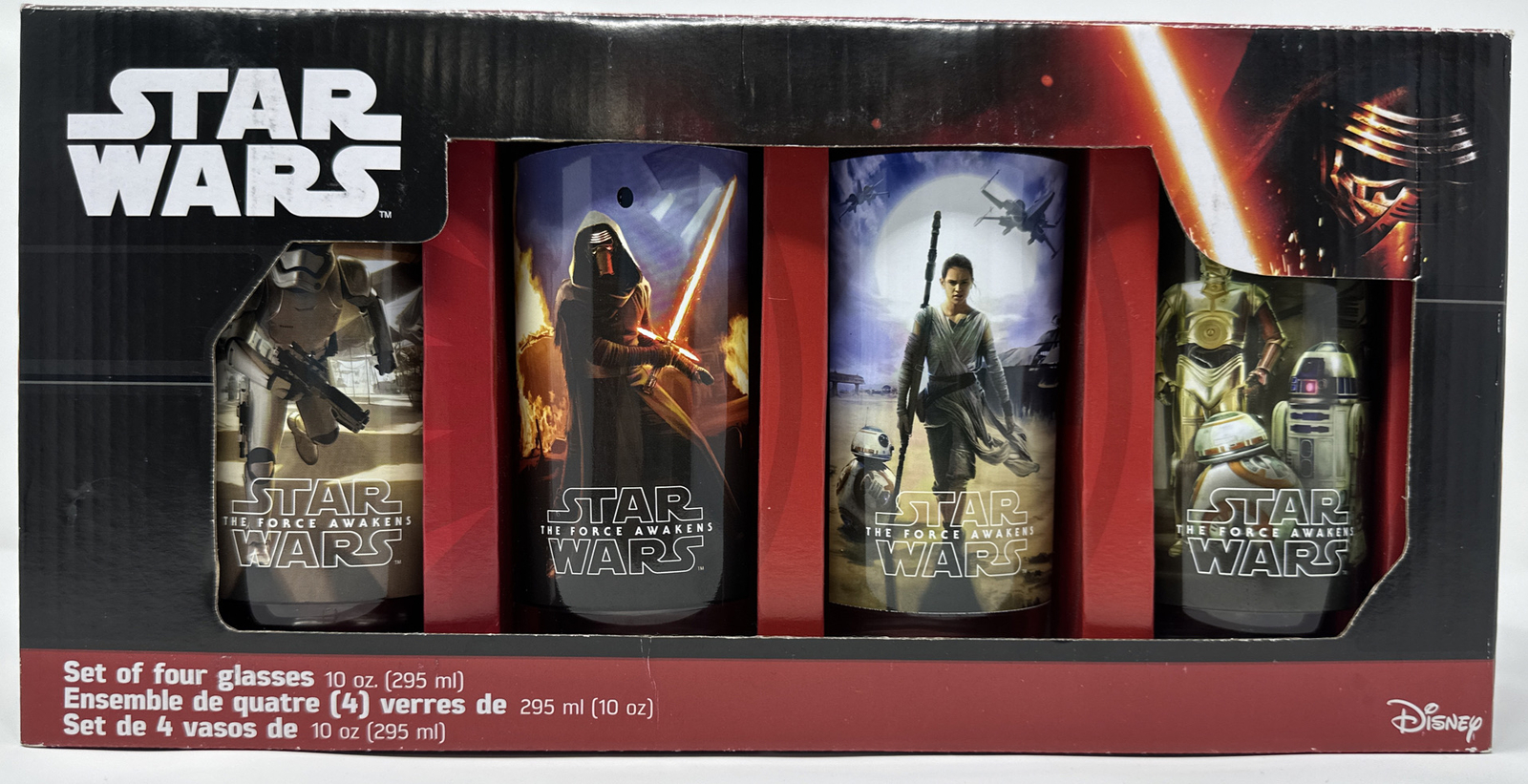 DISNEY STAR WARS THE FORCE AWAKENS SET OF FOUR 10 oz GLASSES NEW IN BOX ...