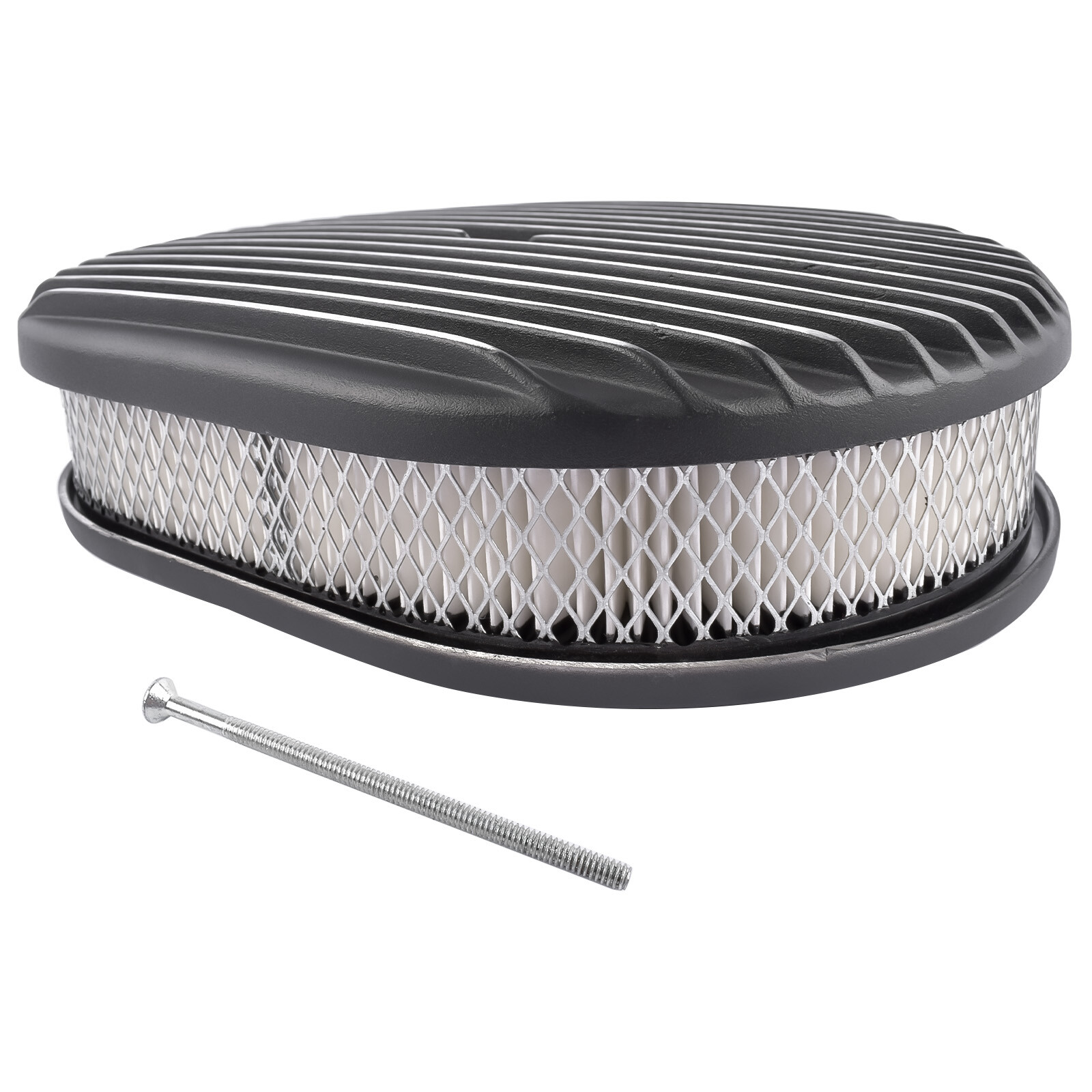 New Black Aluminum 12" Oval Fully Finned Air Cleaner 4 Barrel For SBC ...