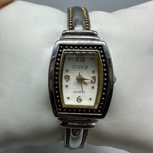 Studio Time Watch Women Two Tone Metal Cuff Band New Battery 6.5" | eBay