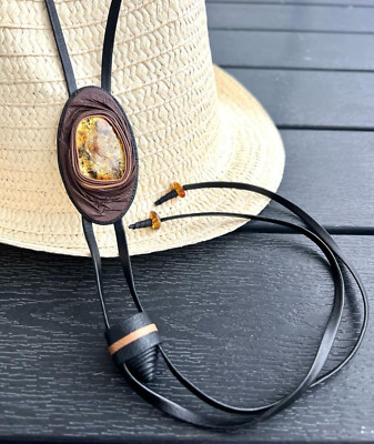 Amber Bolo Tie with genuine Leather. Western Necklace. 100% Cowboy Bolo ...