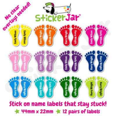 12 Pairs Personalised Shoe Name Labels Tags Stickers Feet for School ...