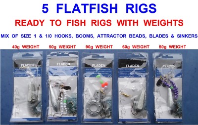 5 FLATFISH 2 HOOK BOOM RIGS WITH LEAD WEIGHTS FLOUNDER DAB PLAICE ...