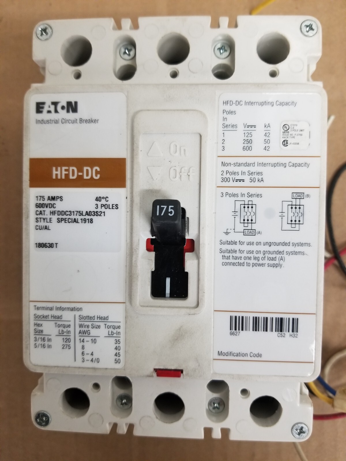 Eaton HFDDC3175LA03S21 Molded Case Circuit Breaker HFDDC, 3 Pole 175A ...