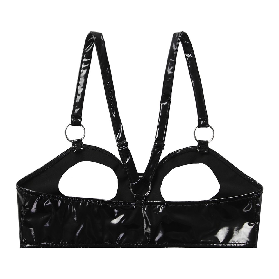 Women Shiny Leather Bra Top Open Bust Chest Harness Babydoll Lingerie ...