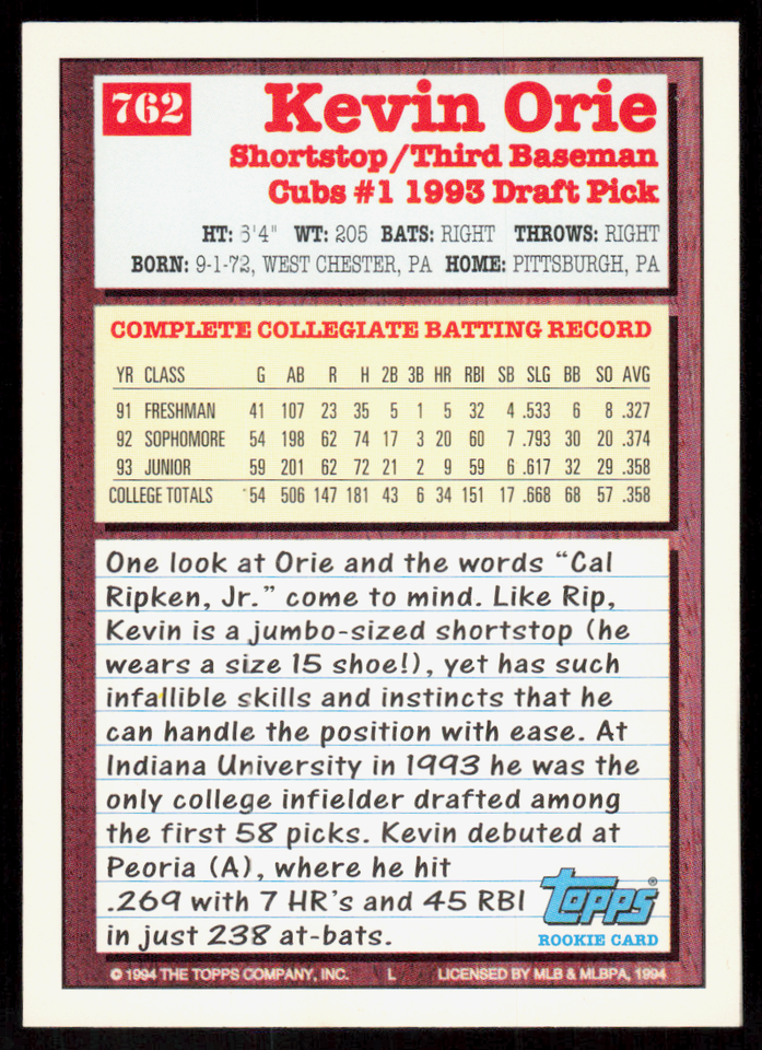 1994 Topps 762 Kevin Orie Chicago Cubs | eBay