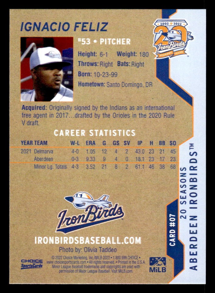 Ignacio Feliz 2022 Choice Aberdeen IronBirds #07 Aberdeen IronBirds | eBay