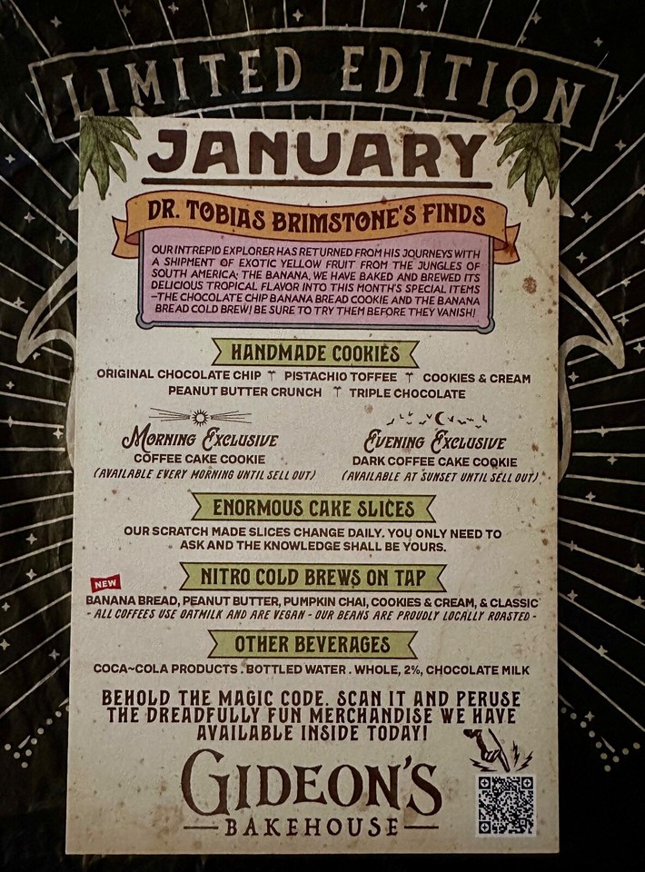 Gideons Bakehouse Menu January 2022 Featuring Dr. Tobias Brimstone | eBay