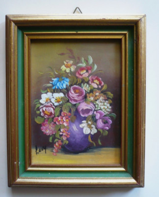 LEVY, Signed COLORFUL FLORAL FLOWERS VASE MINIATURE, VINTAGE OIL ...