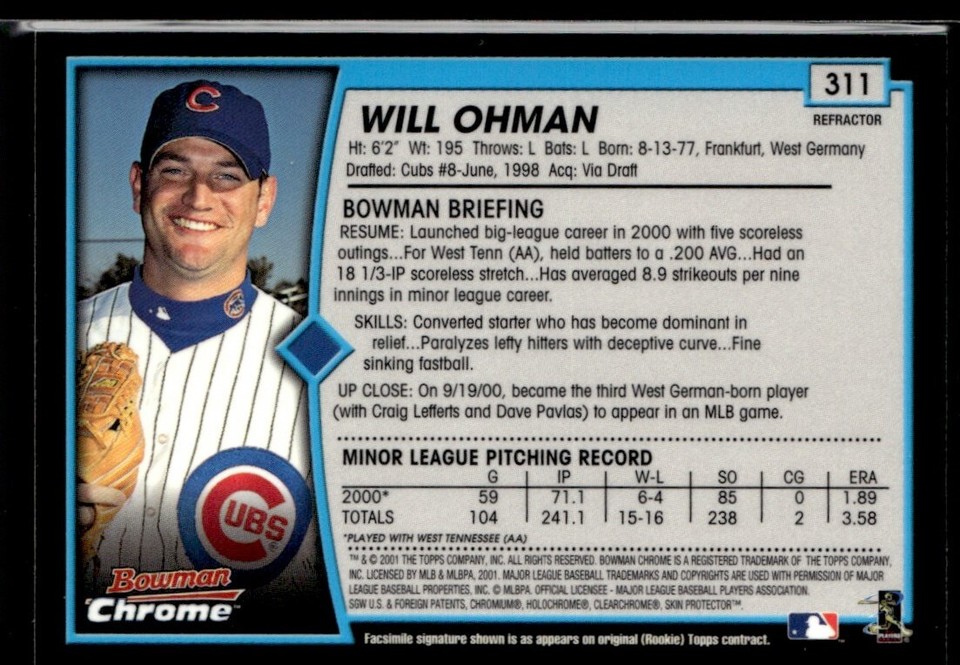 2001 Bowman Chrome Reractor Will Ohman Rookie Chicago Cubs #311 | eBay