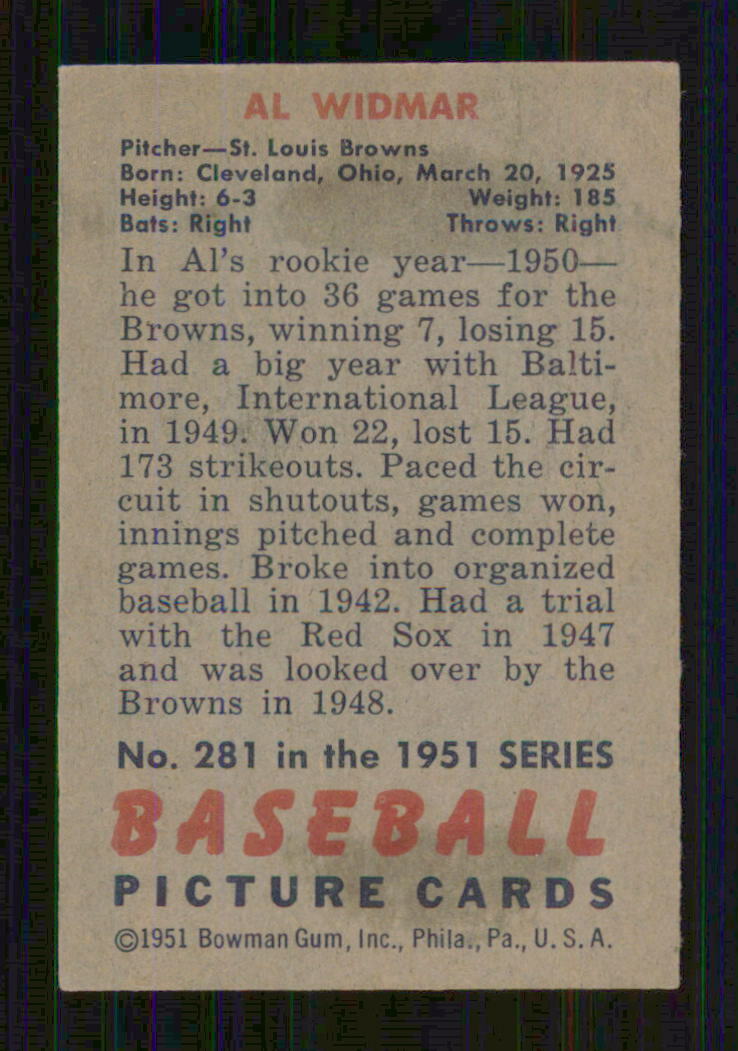 1951 BOWMAN # 281 AL WIDMAR RC 18422 | eBay