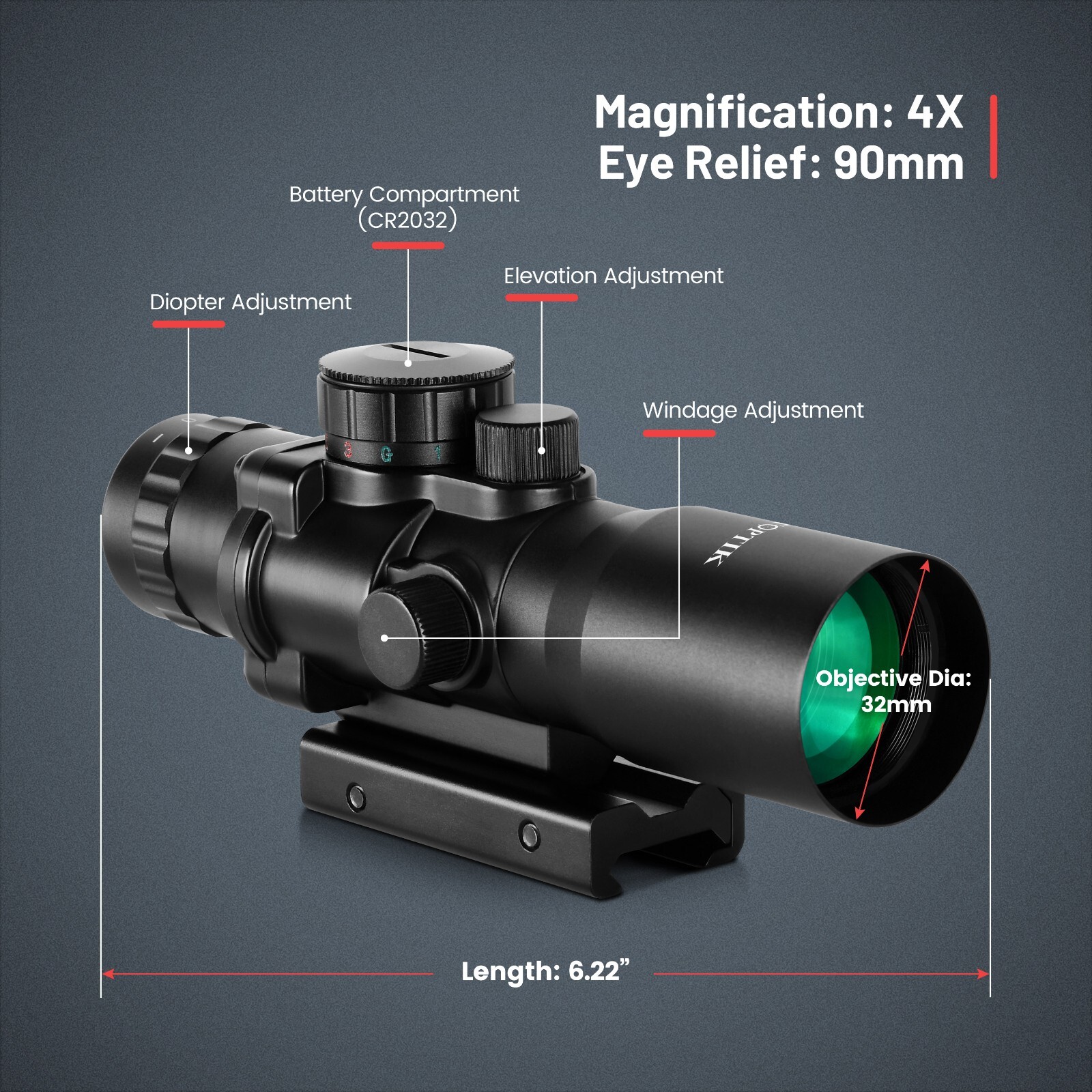 4X Rifle Scope Red Green Blue Reticle 32mm FMC lens W/ 20mm Picatinny ...