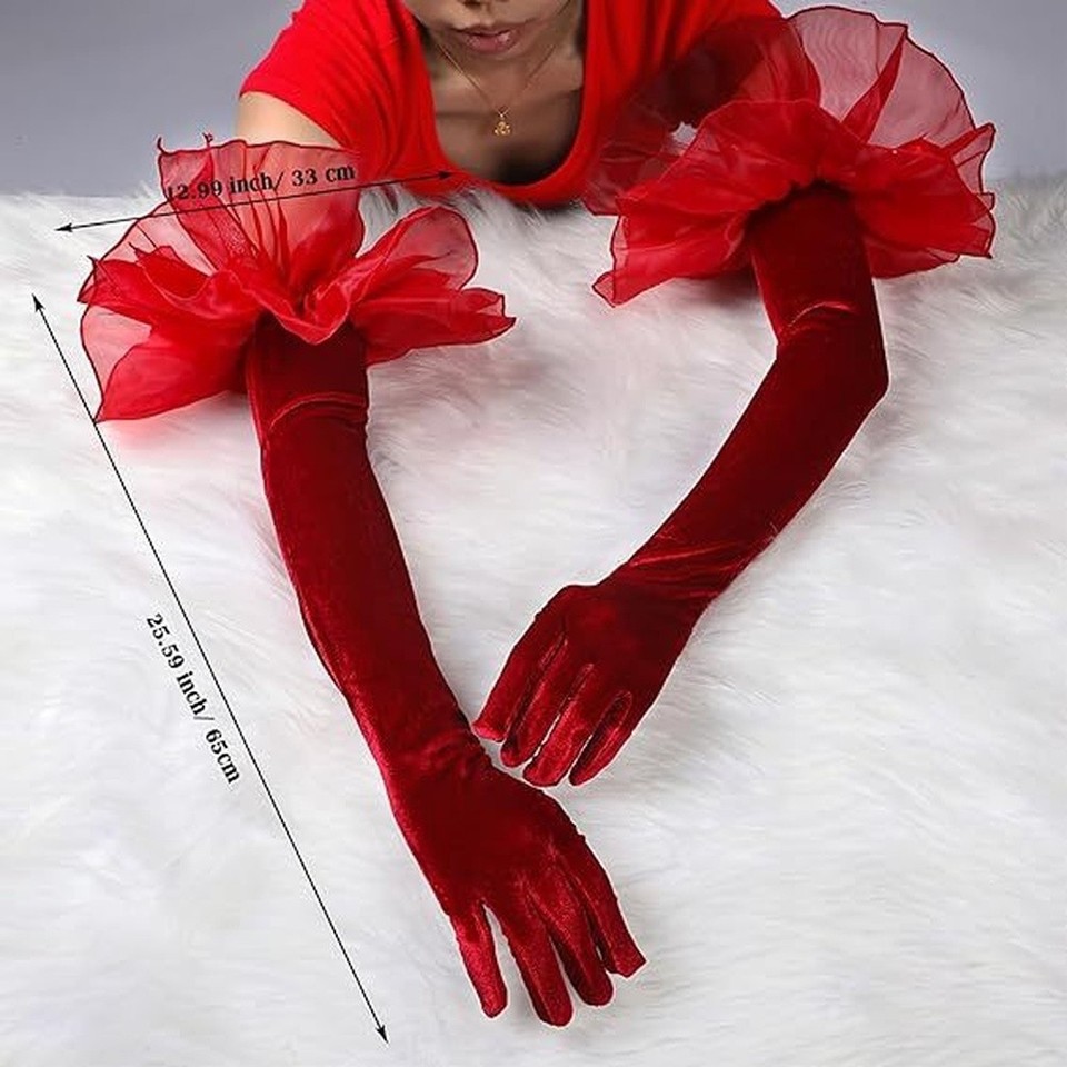 Split Finger Plush Gloves with Ruffle Design Elbow Length for Women ...